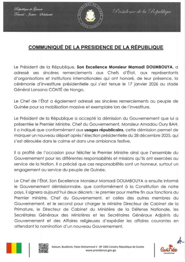 Guinée : après son investiture, le Président Mamadi Doumbouya engage ...